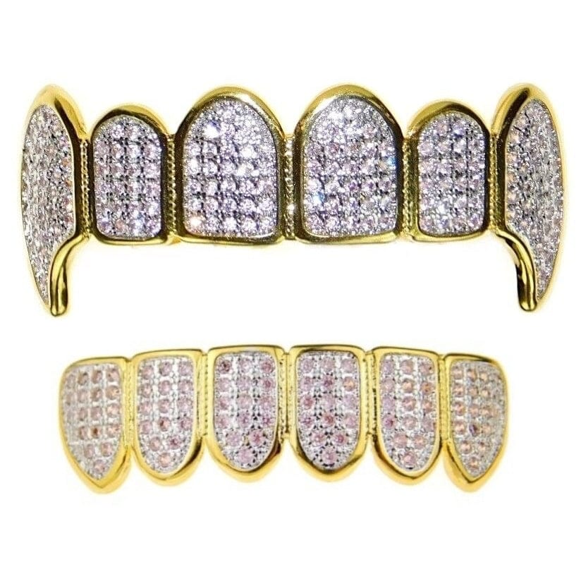 14k Gold Plated Two-Tone Grillz Pink CZ Iced Flooded Out Vampire Fangs
