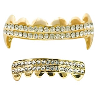 14K Gold Plated Vampire Fangs Two-Row Iced Grillz Set