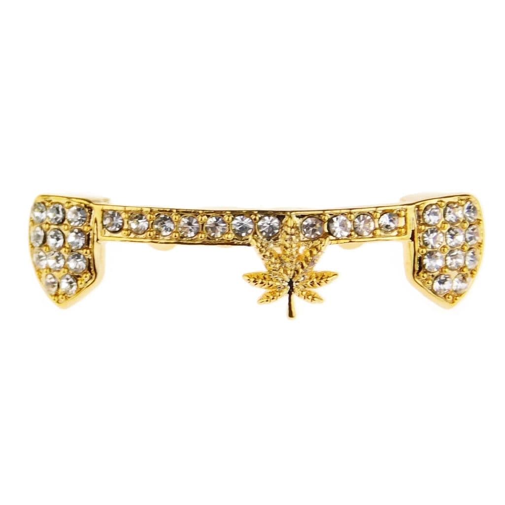 14K Gold Plated Marijuana Weed Leaf Bottom Teeth Iced Grillz