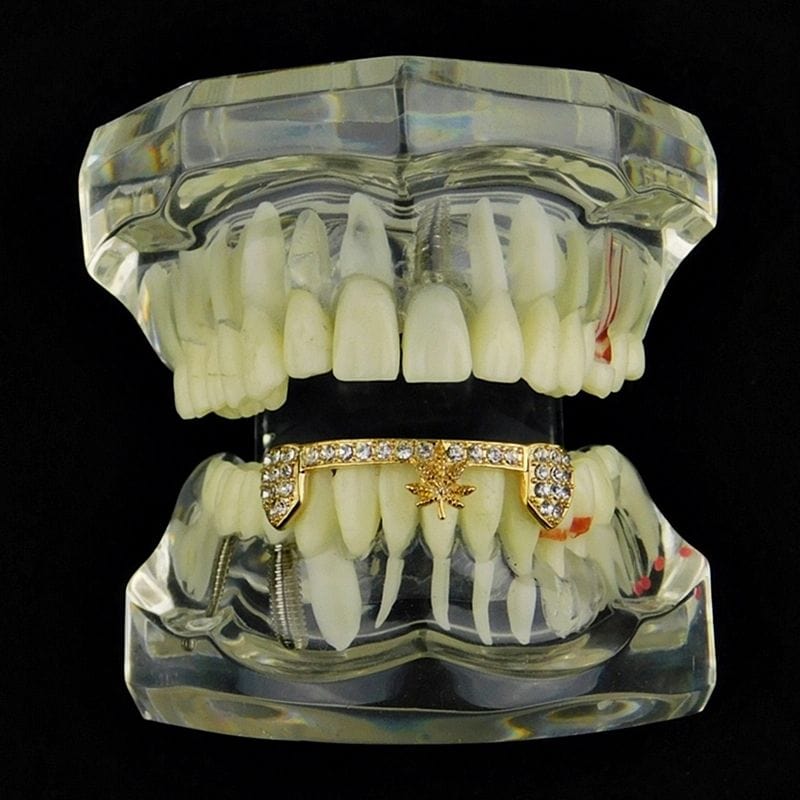 14K Gold Plated Marijuana Weed Leaf Bottom Teeth Iced Grillz