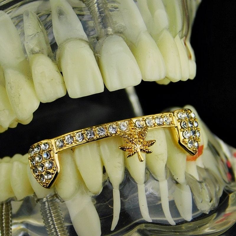 14K Gold Plated Marijuana Weed Leaf Bottom Teeth Iced Grillz