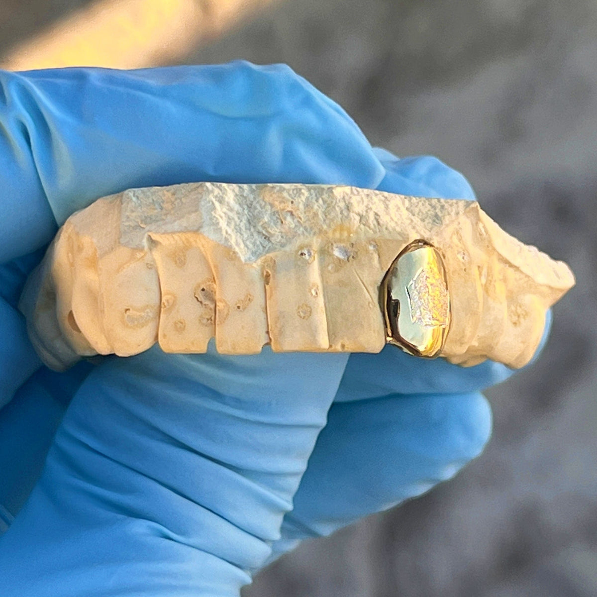 14K Gold Single Cap Gold Diamond Dust w/Border One Tooth Custom Grillz