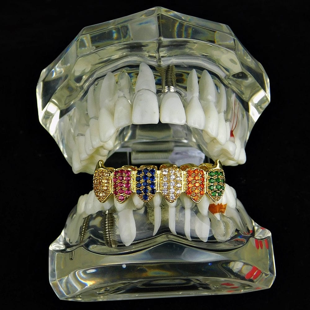 18K Gold Plated CZ Iced Flooded Out Rainbow Bottom Teeth Vampire Fangs