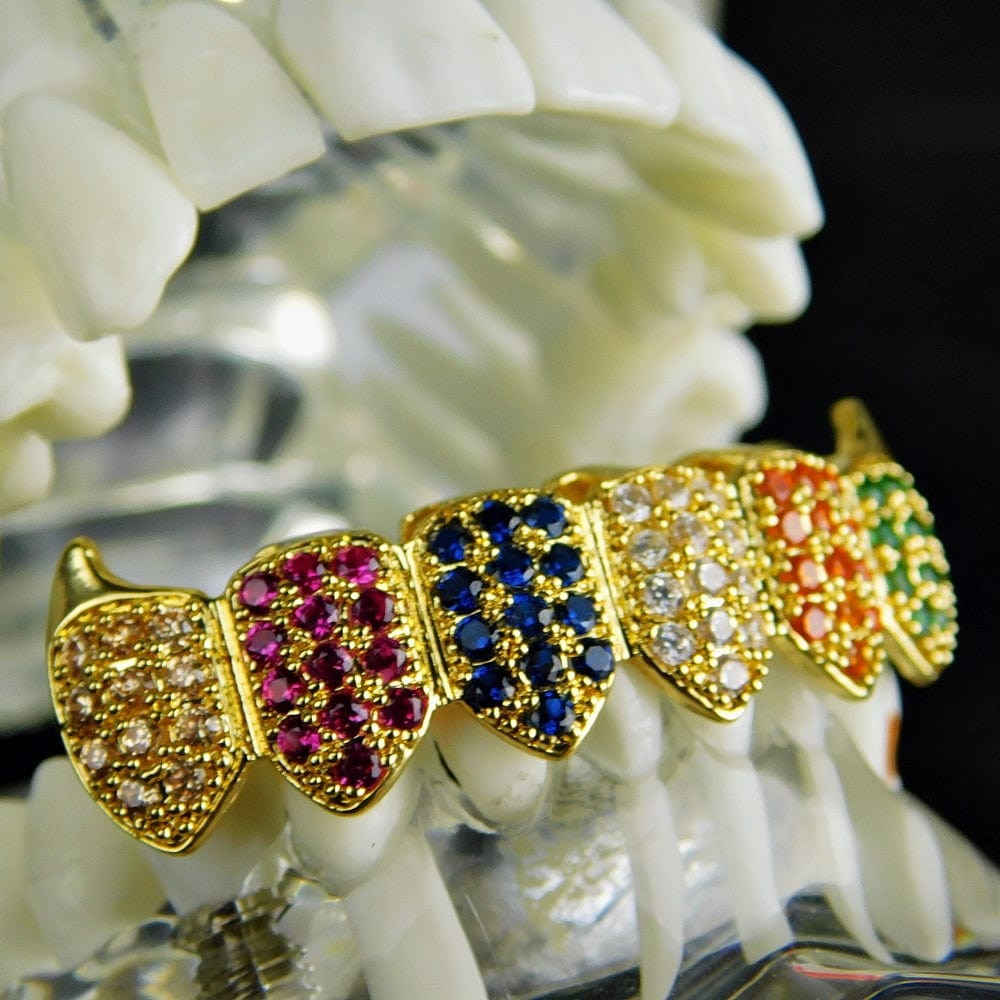18K Gold Plated CZ Iced Flooded Out Rainbow Bottom Teeth Vampire Fangs