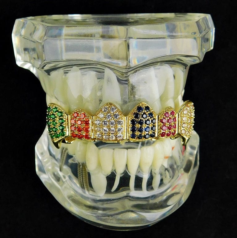 18K Gold Plated CZ Iced Flooded Out Rainbow Top Vampire Fangs Grillz
