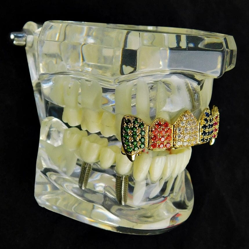 18K Gold Plated CZ Iced Flooded Out Rainbow Top Vampire Fangs Grillz