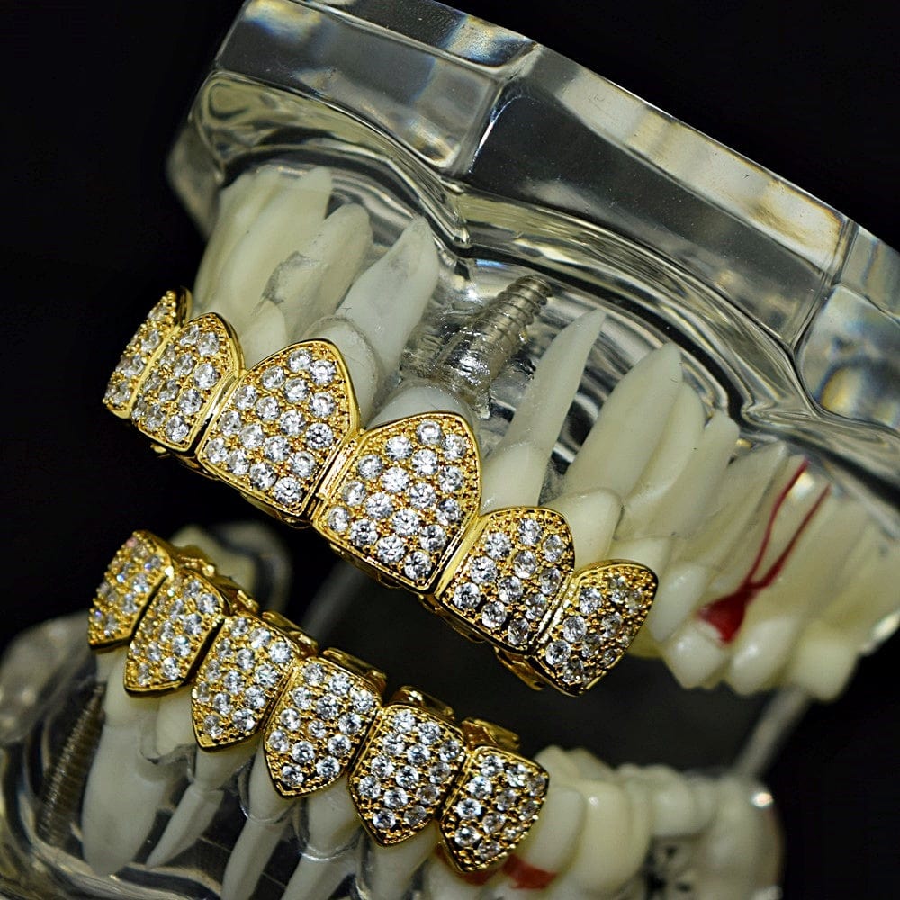 18K Gold Plated CZ Iced Flooded Out Teeth Grillz Set