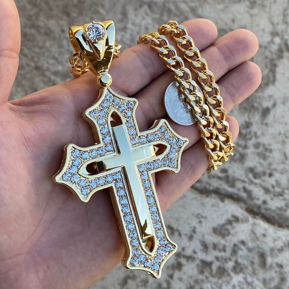 18K Gold Plated Huge Iced CZ Flooded Out Open Cross Necklace Cuban Lin