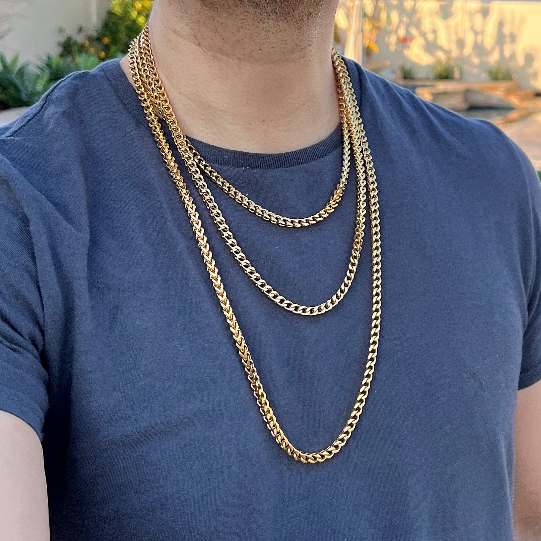 18K Gold Plated Stainless Steel Franco Chain Foxtail 20"-30" Solid Nec