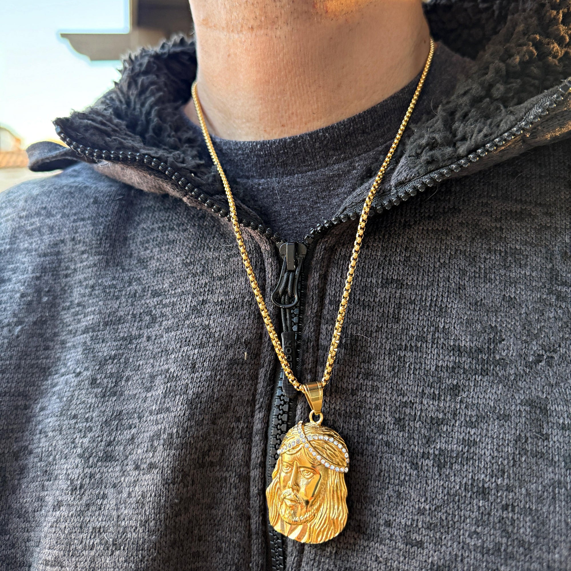 18k Gold Plated Stainless Steel Jesus Head CZ Sausage Chain Necklace 2