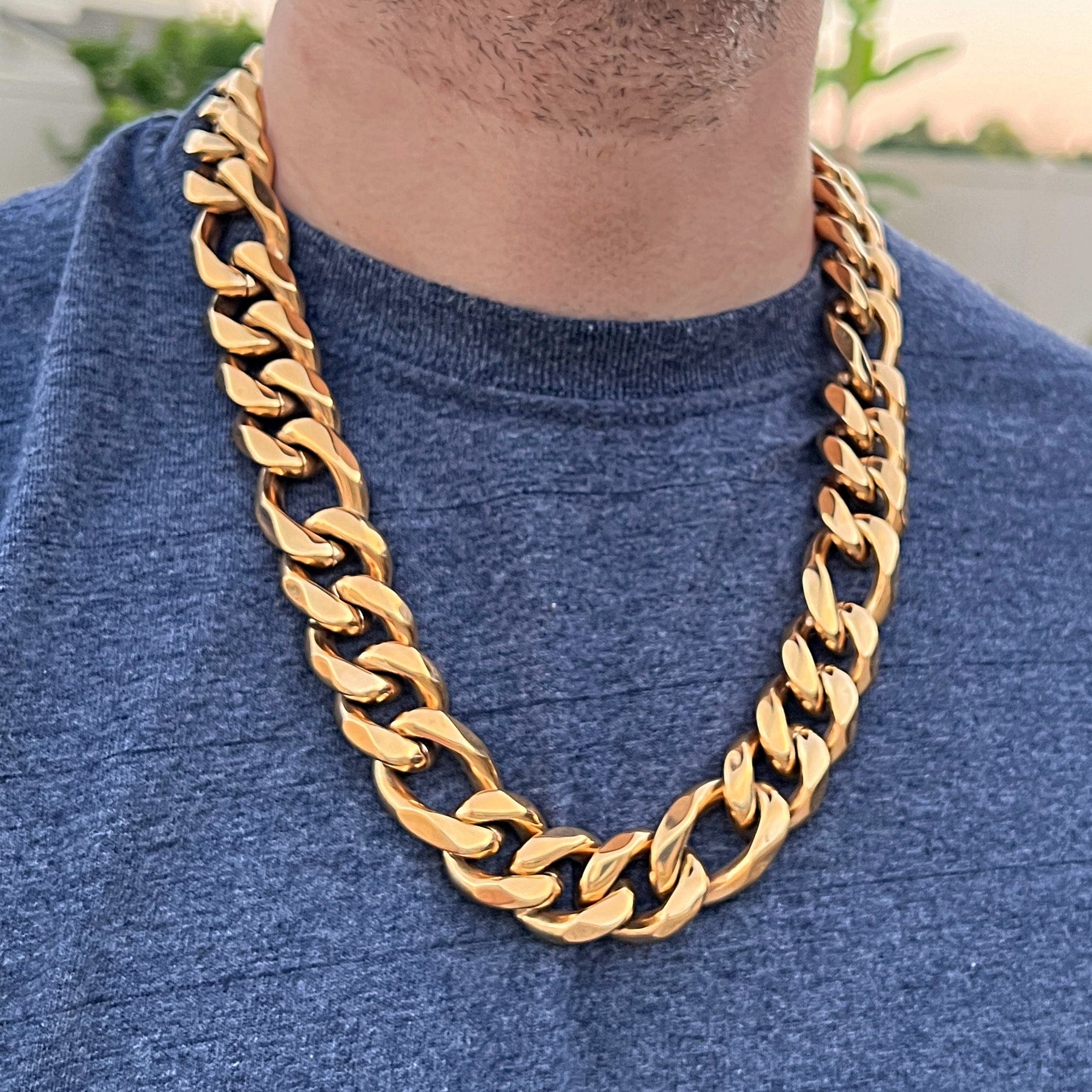 24K Gold Plated 316L Stainless Steel Figaro Chain Necklace 22MM 18"-30