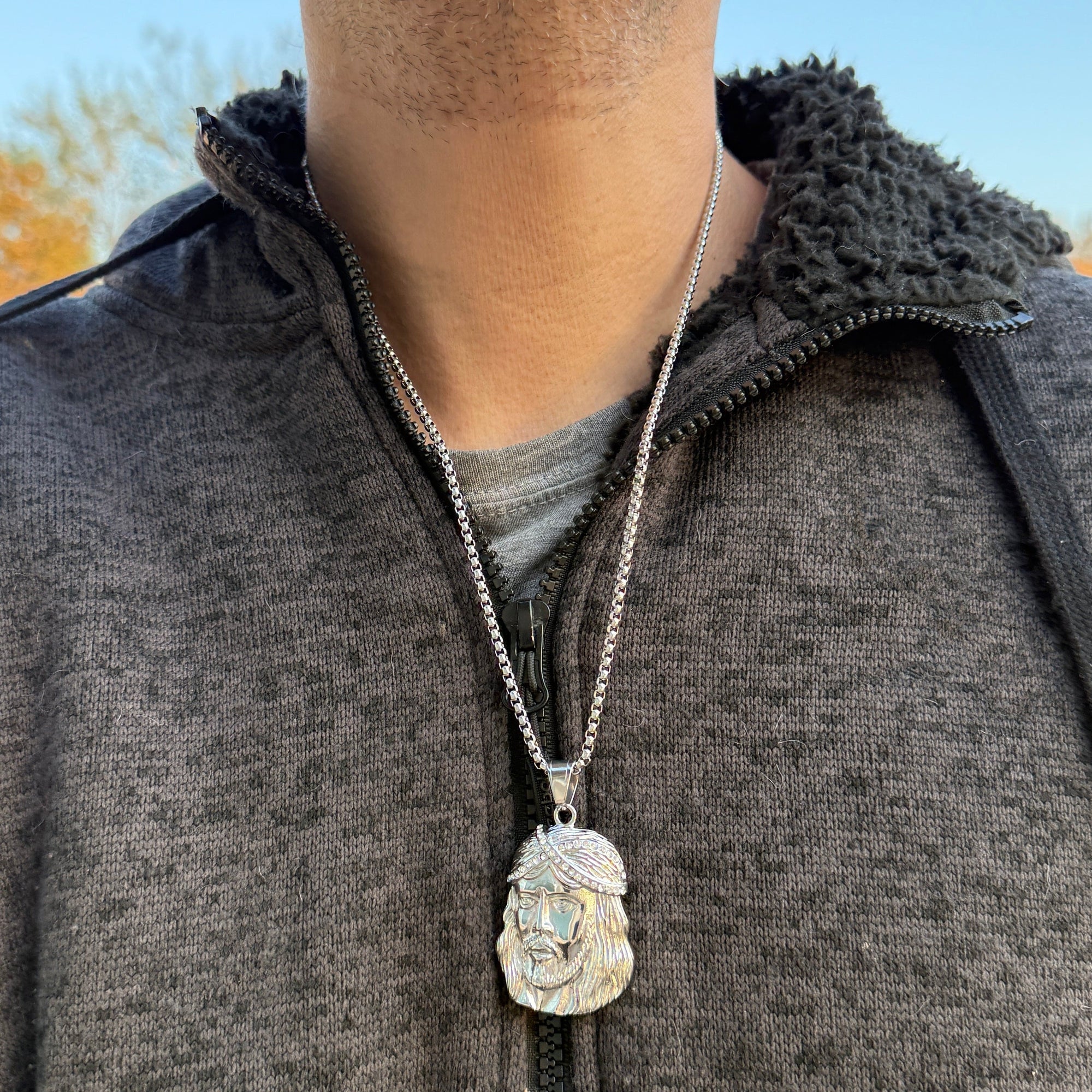 316L Stainless Steel Jesus Head CZ Sausage Chain Necklace 24"