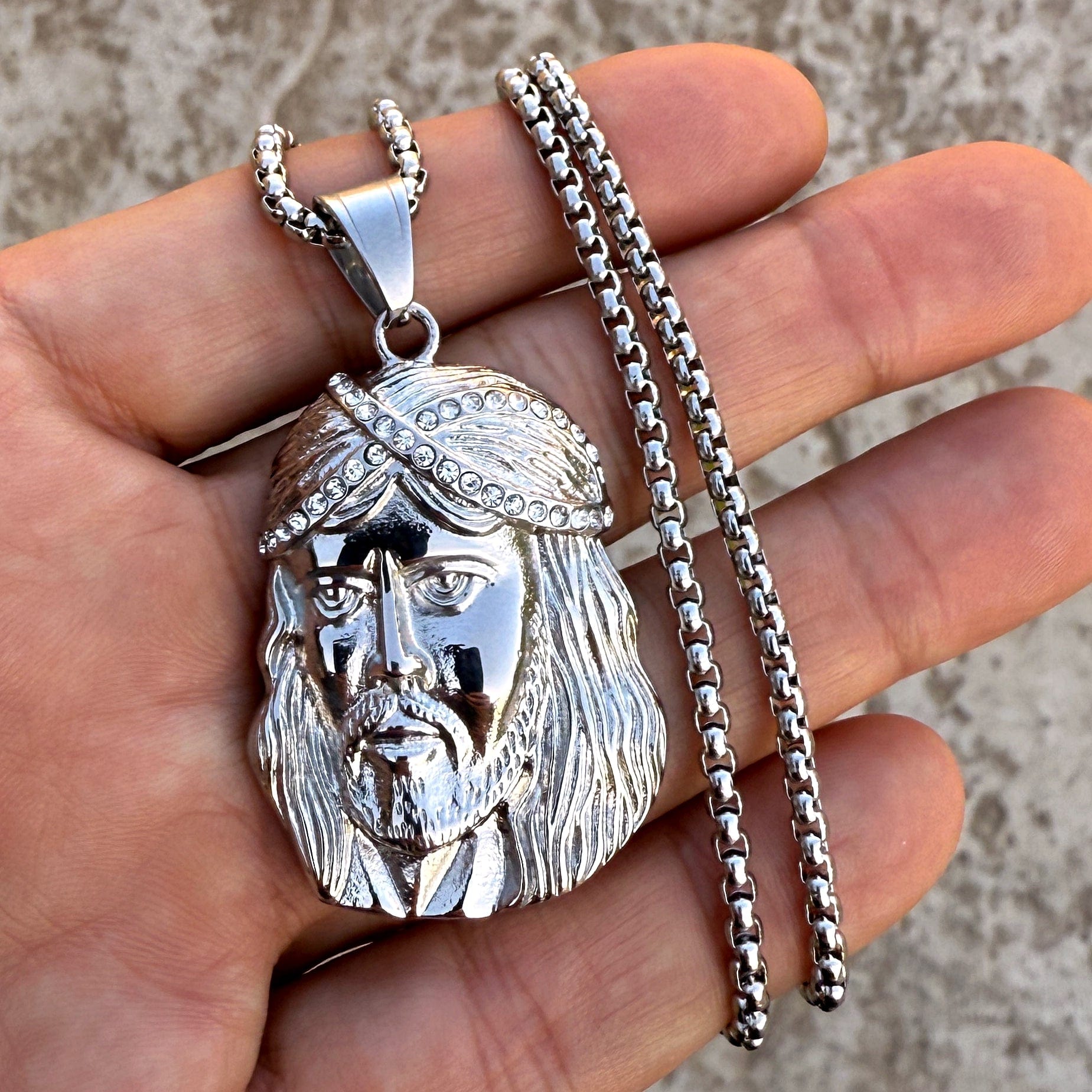 316L Stainless Steel Jesus Head CZ Sausage Chain Necklace 24"