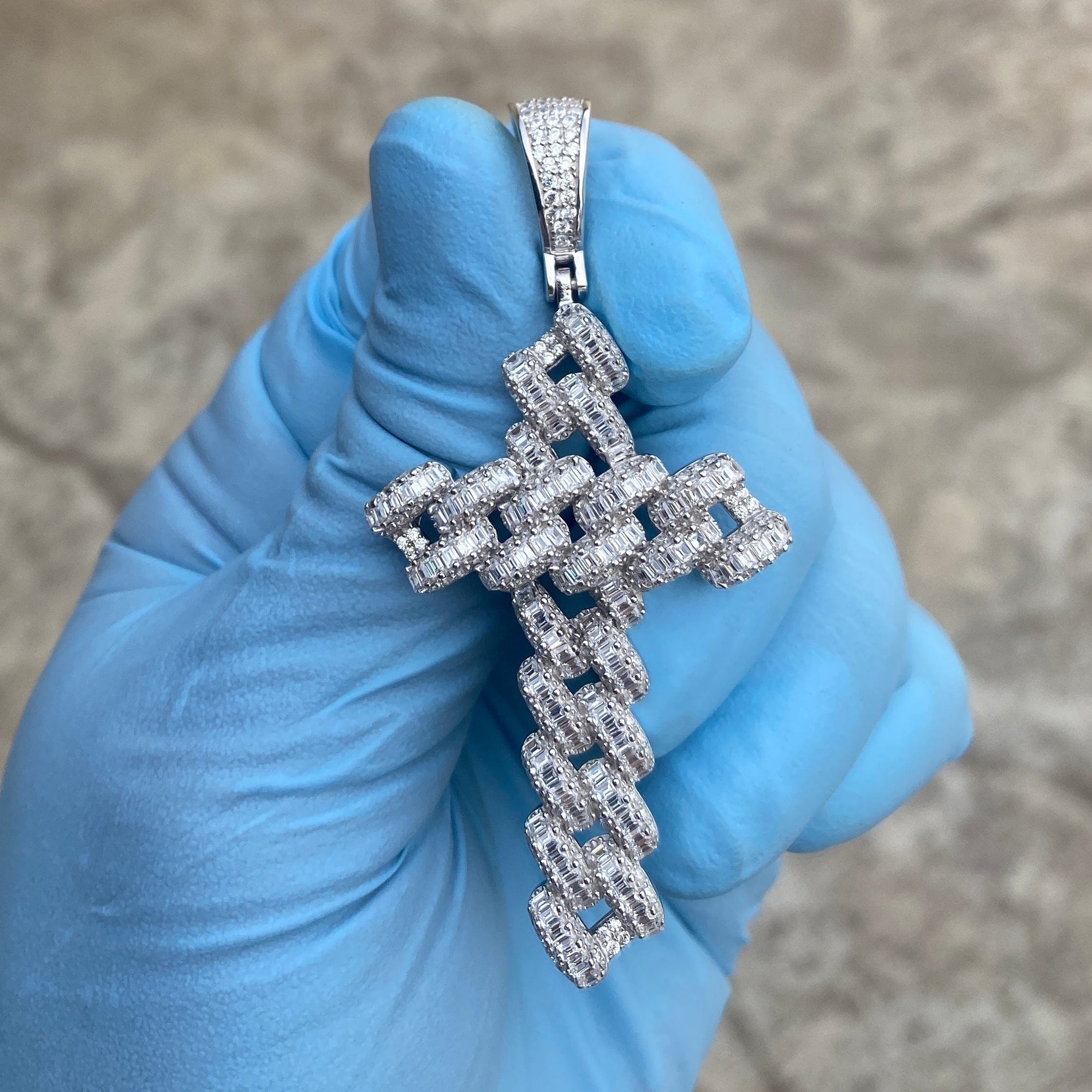 925 Sterling Silver Cuban Link Cross Iced Bling Flooded Out Pendant