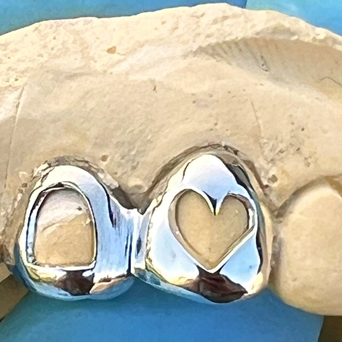 925 Sterling Silver Double Cap Heart Cutout & Open Tooth Custom Grillz