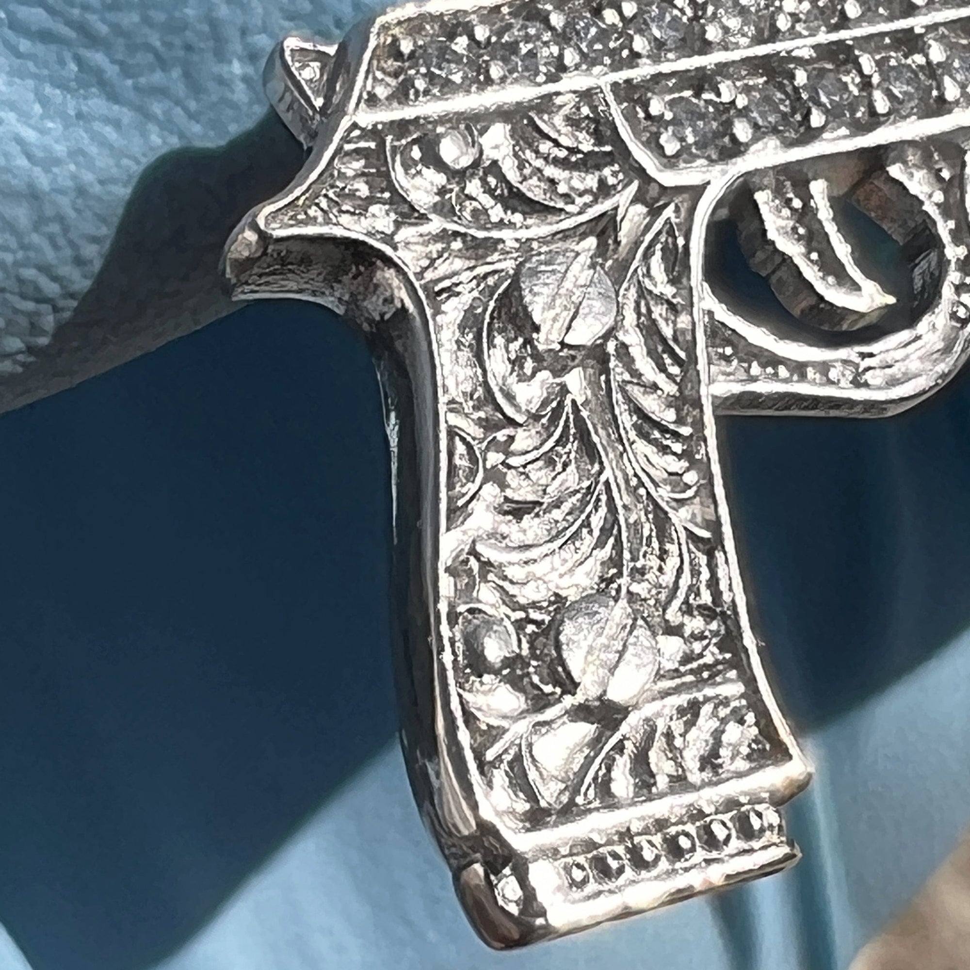 925 Sterling Silver Gun Pistol Scrollwork Engraving Iced CZ Pendant
