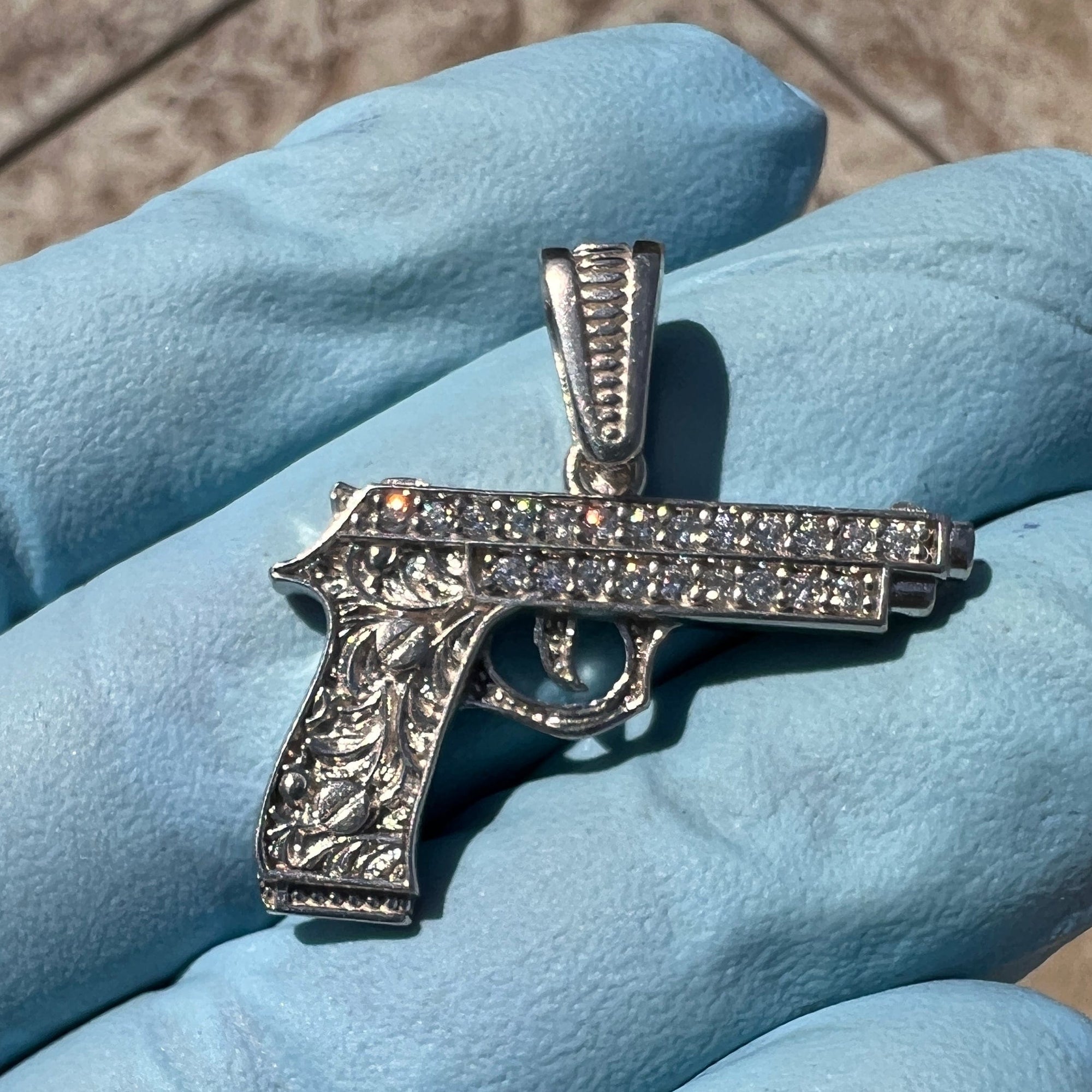 925 Sterling Silver Gun Pistol Scrollwork Engraving Iced CZ Pendant