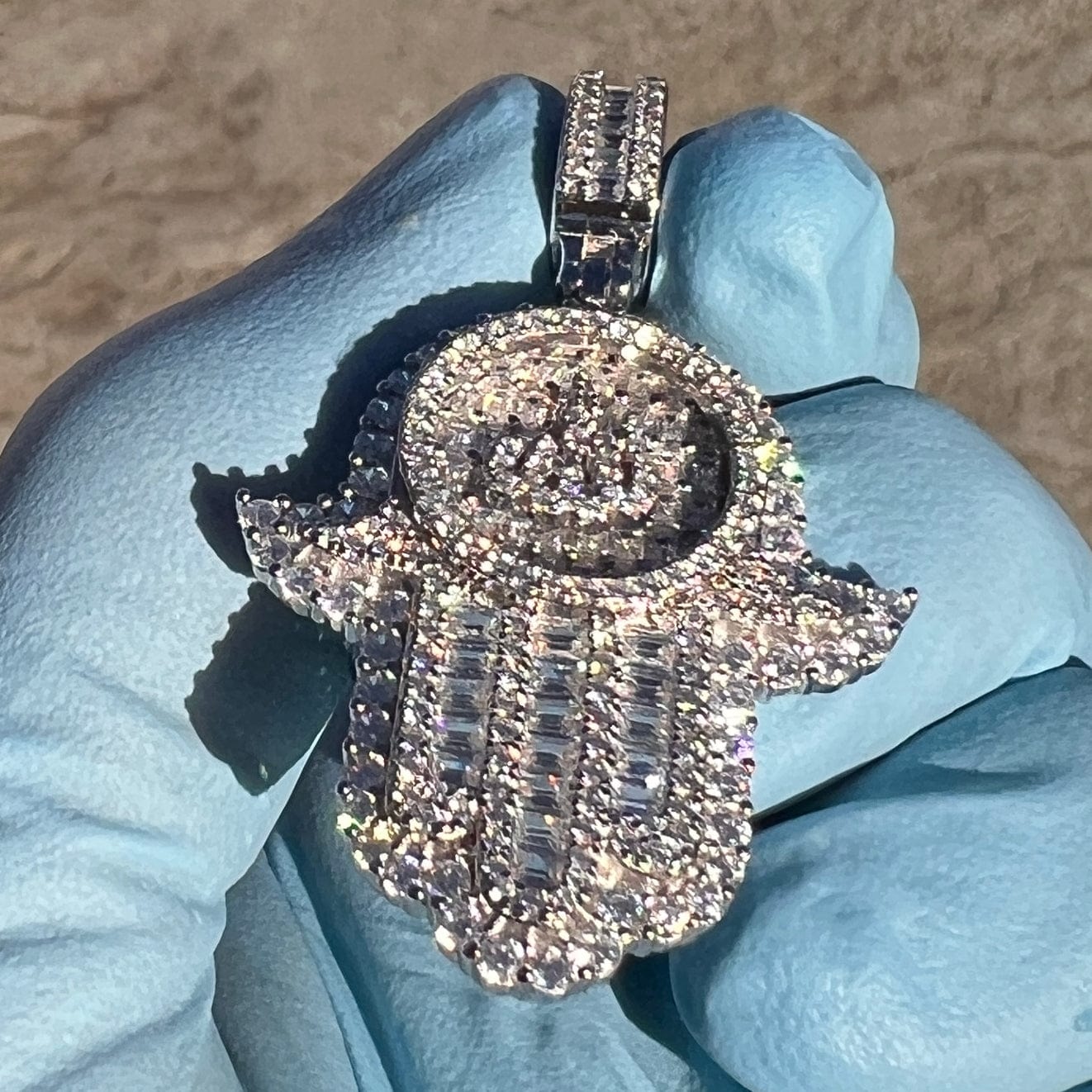 925 Sterling Silver Hamsa Hand Of Fatima Allah Iced Bling Out CZ Penda