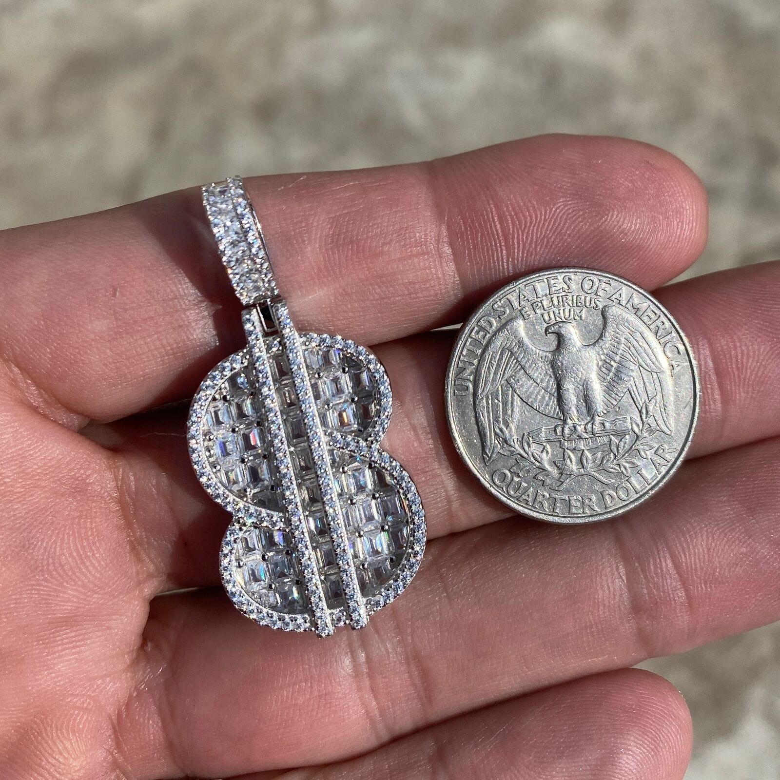 925 Sterling Silver Iced Dollar $ Sign Flooded Out CZ Baguette Pendant