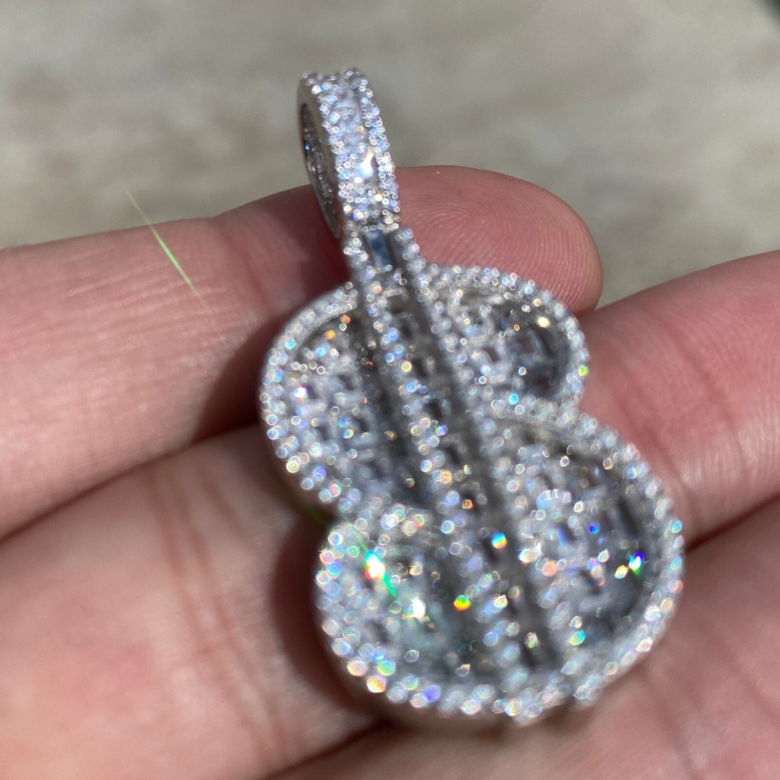 925 Sterling Silver Iced Dollar $ Sign Flooded Out CZ Baguette Pendant