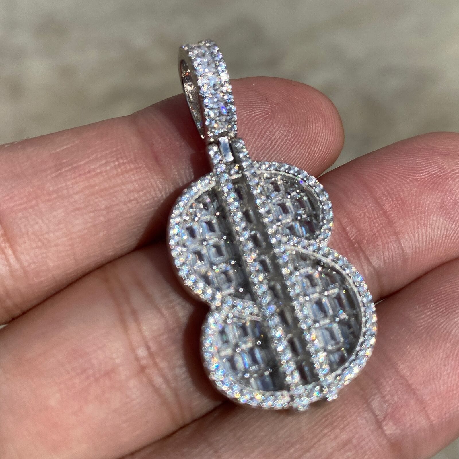 925 Sterling Silver Iced Dollar $ Sign Flooded Out CZ Baguette Pendant