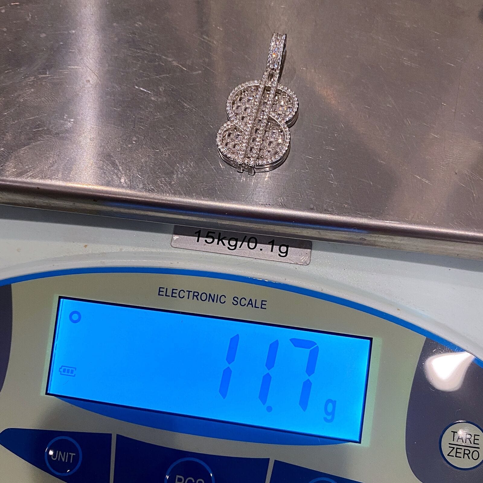 925 Sterling Silver Iced Dollar $ Sign Flooded Out CZ Baguette Pendant