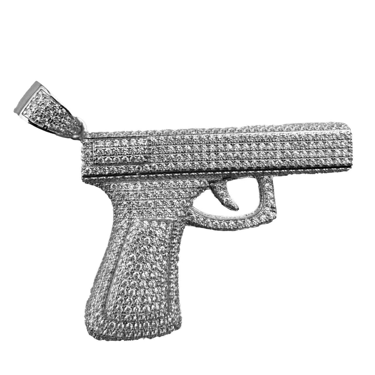 925 Sterling Silver Iced Pistol Gun CZ Flooded Out Pendant