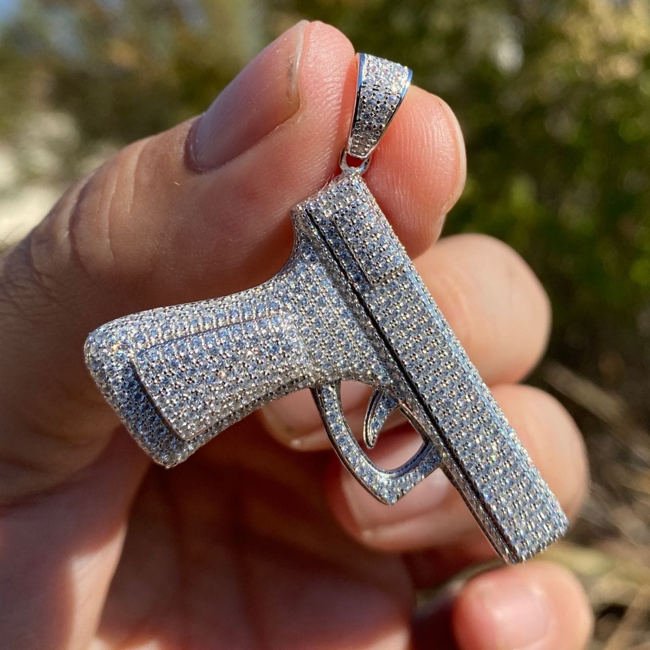 925 Sterling Silver Iced Pistol Gun CZ Flooded Out Pendant