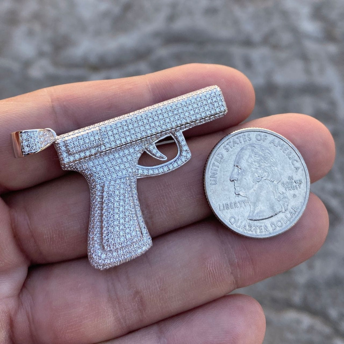 925 Sterling Silver Iced Pistol Gun CZ Flooded Out Pendant