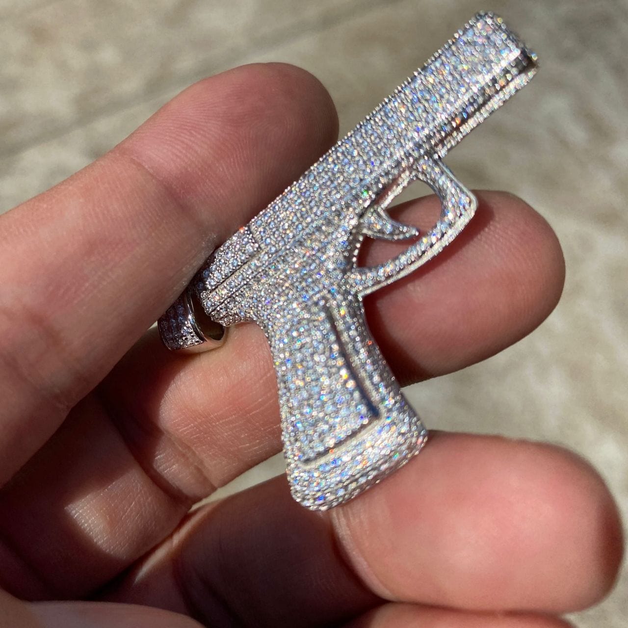 925 Sterling Silver Iced Pistol Gun CZ Flooded Out Pendant