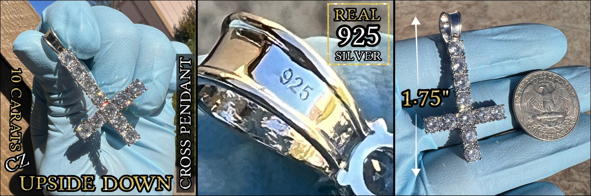 925 Sterling Silver Inverted Upside Down Cross Saint Peter Iced Bling