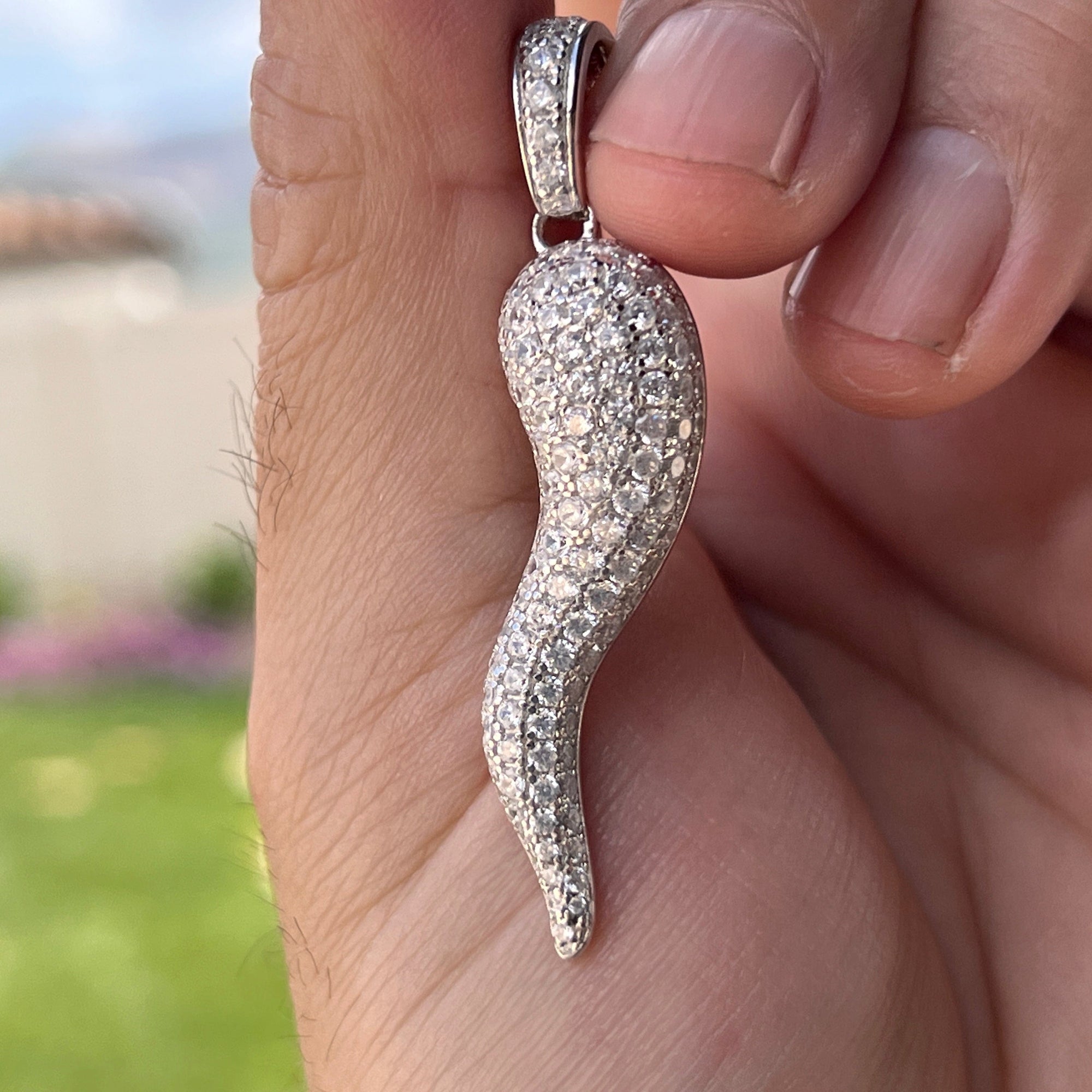 925 Sterling Silver Italian Horn Cornicello Cuerno CZ Iced Pendant