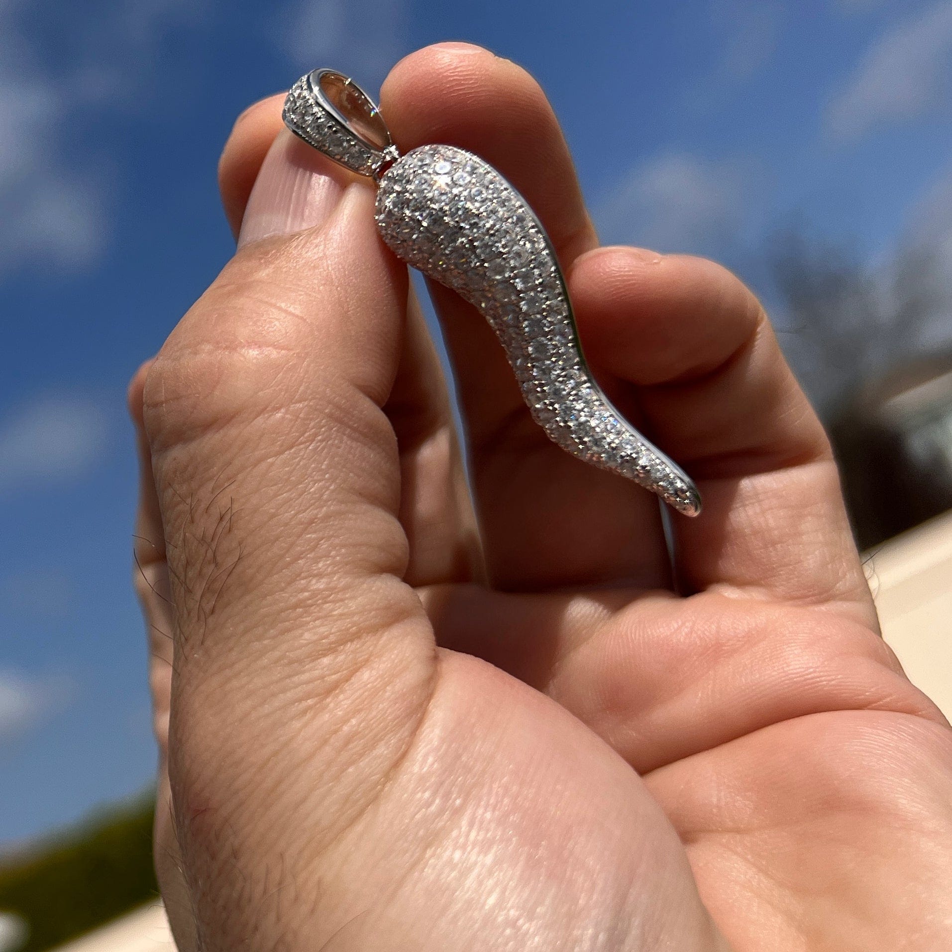 925 Sterling Silver Italian Horn Cornicello Cuerno CZ Iced Pendant