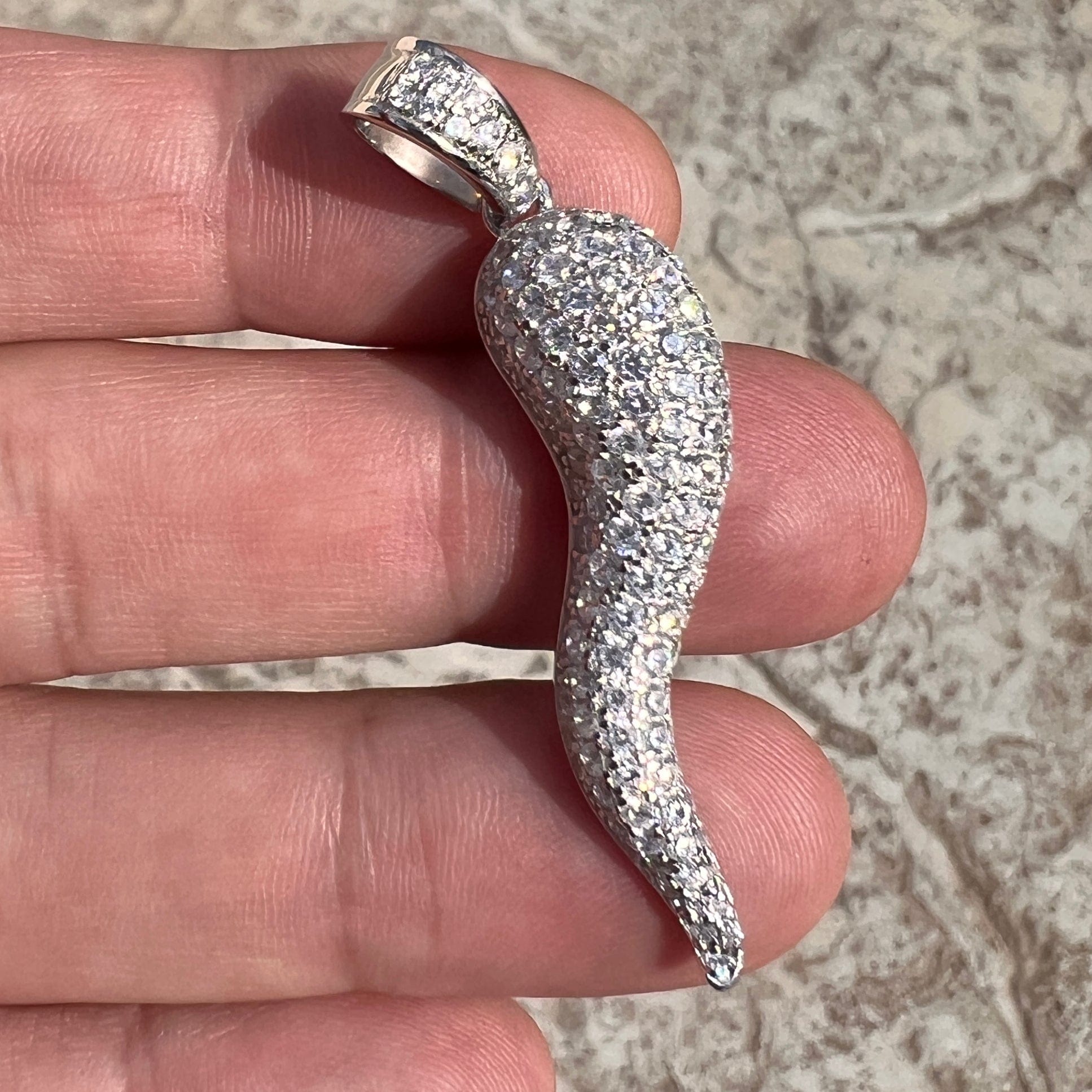 925 Sterling Silver Italian Horn Cornicello Cuerno CZ Iced Pendant