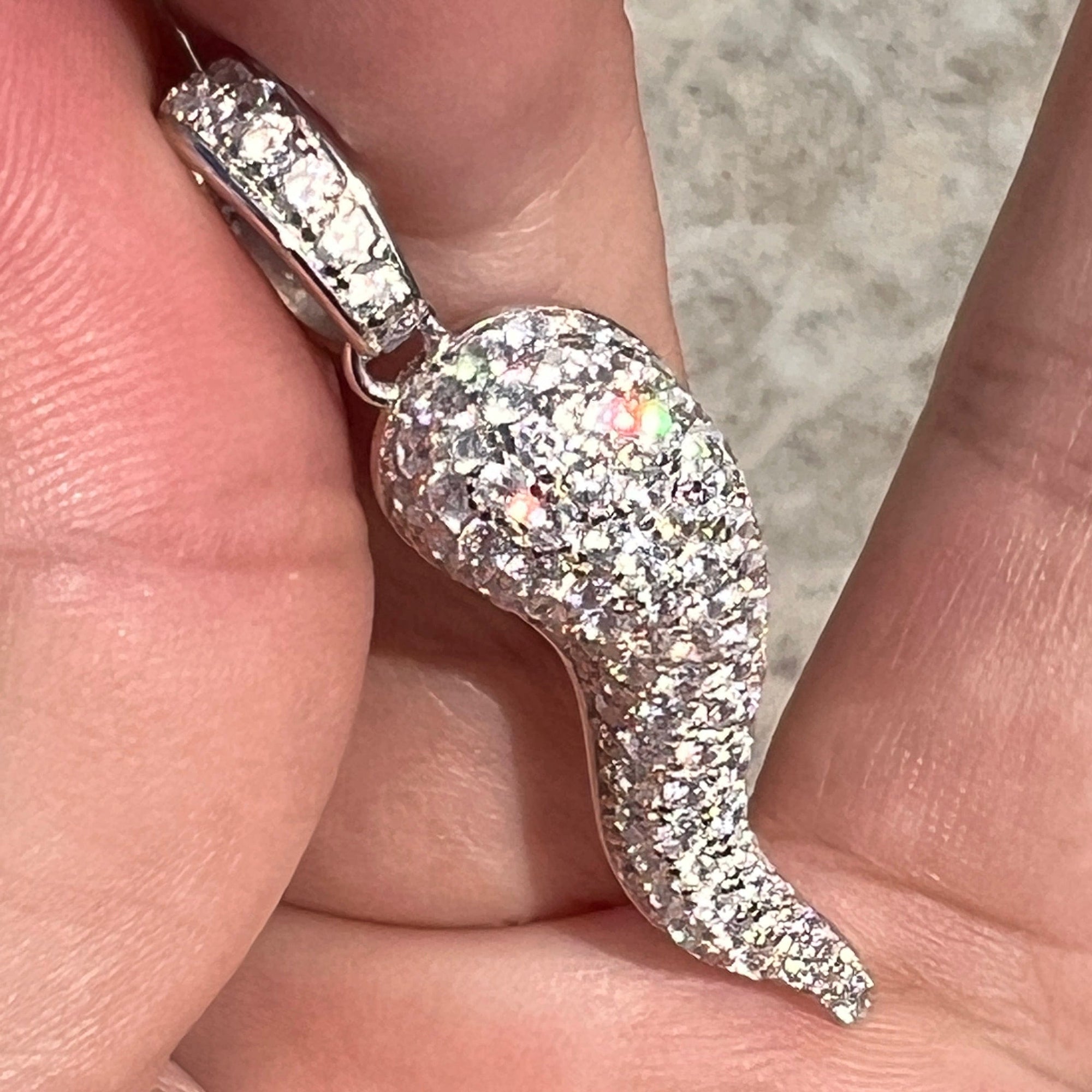 925 Sterling Silver Italian Horn Cornicello Cuerno CZ Iced Pendant