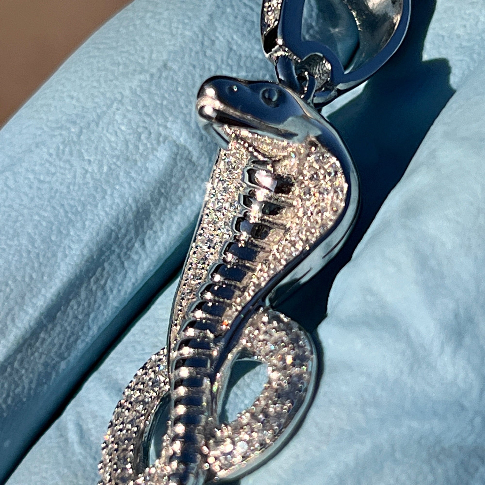 925 Sterling Silver King Cobra Snake Serpent Viper Iced CZ Flooded Out