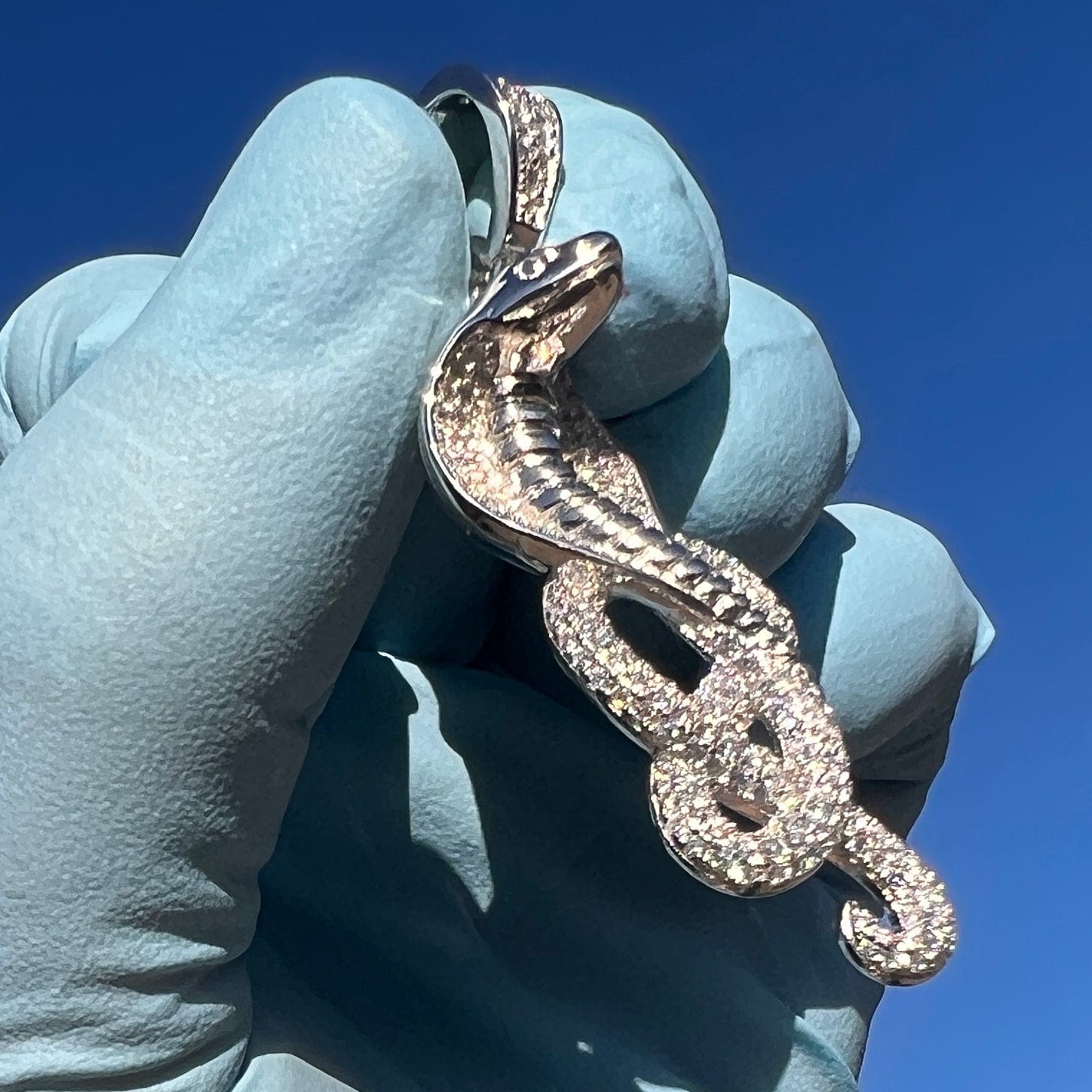 925 Sterling Silver King Cobra Snake Serpent Viper Iced CZ Flooded Out