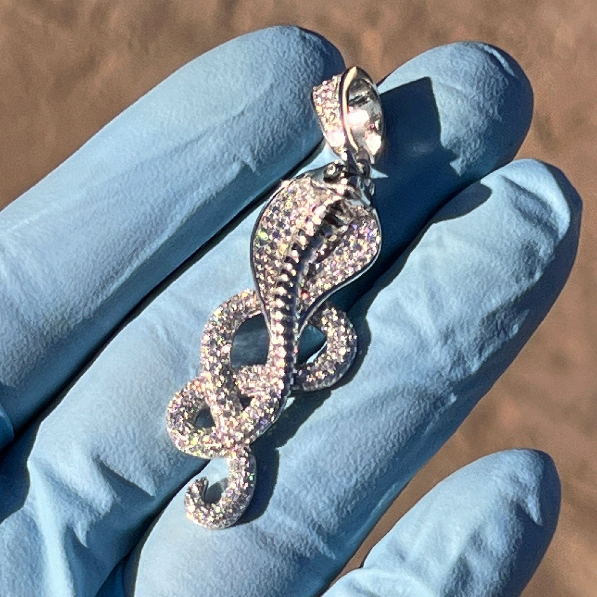 925 Sterling Silver King Cobra Snake Serpent Viper Iced CZ Flooded Out
