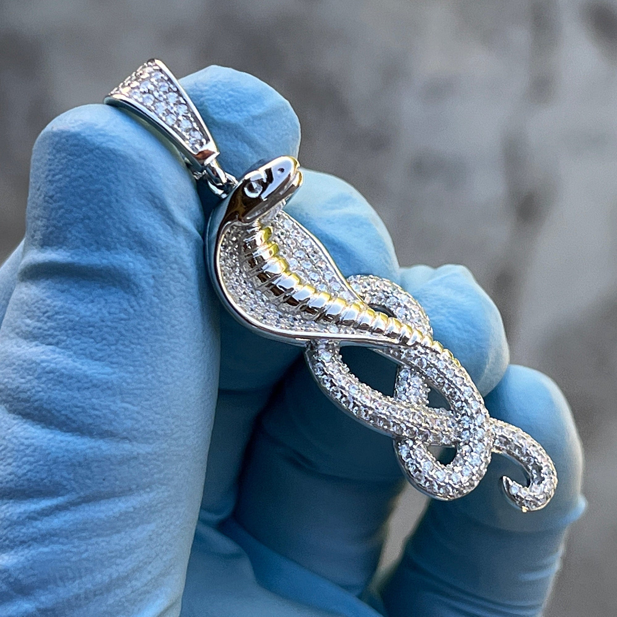 925 Sterling Silver King Cobra Snake Serpent Viper Iced CZ Flooded Out