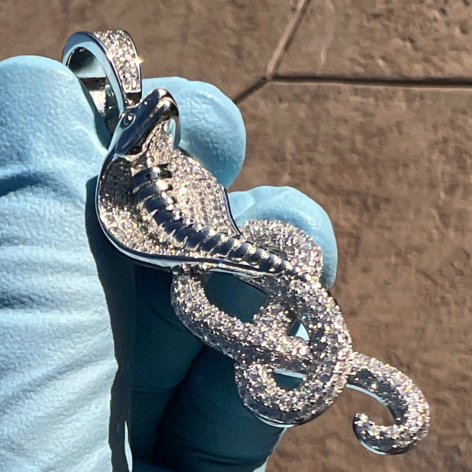 925 Sterling Silver King Cobra Snake Serpent Viper Iced CZ Flooded Out