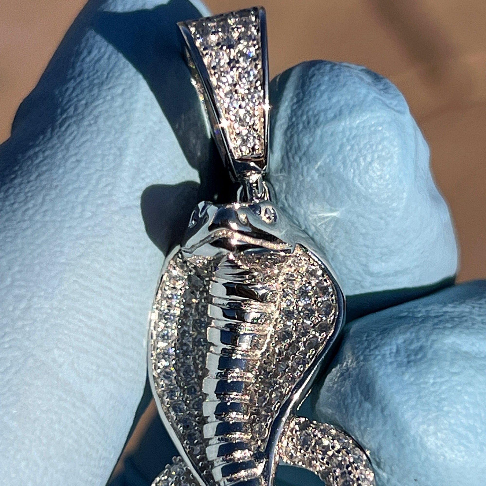 925 Sterling Silver King Cobra Snake Serpent Viper Iced CZ Flooded Out