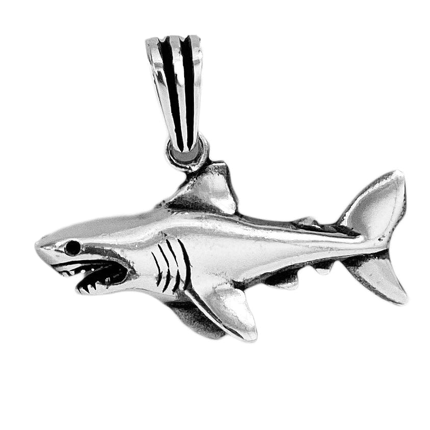 Solid 925 Sterling Silver Oxidized Great White Shark Pendant