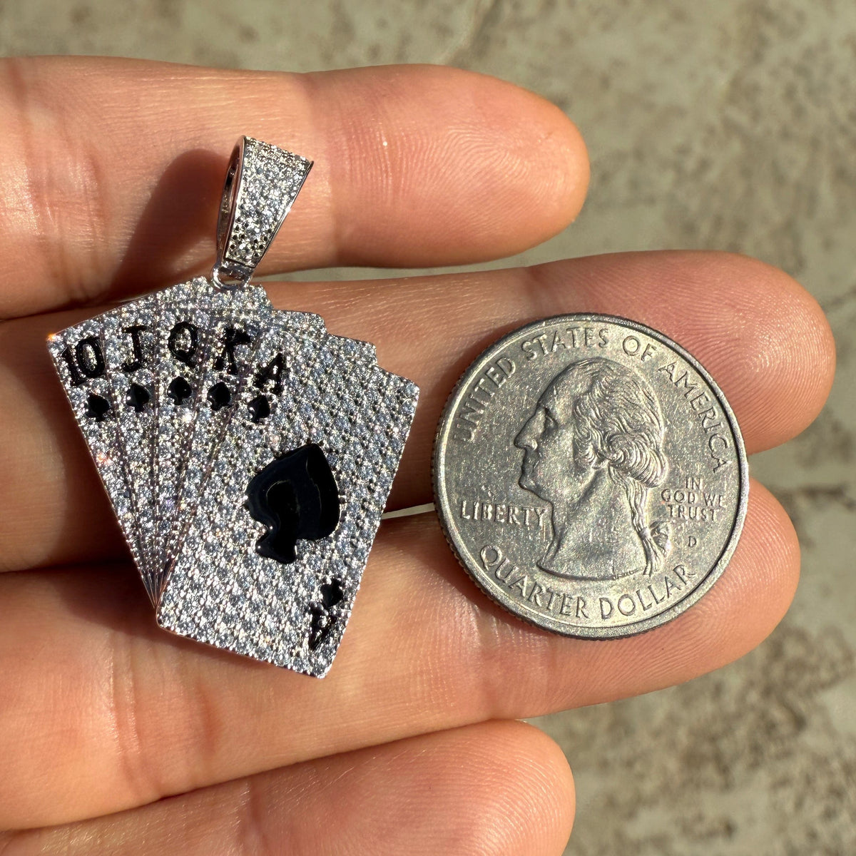 925 Sterling Silver Pendant Playing Cards CZ Royal Flush Aces of Spade