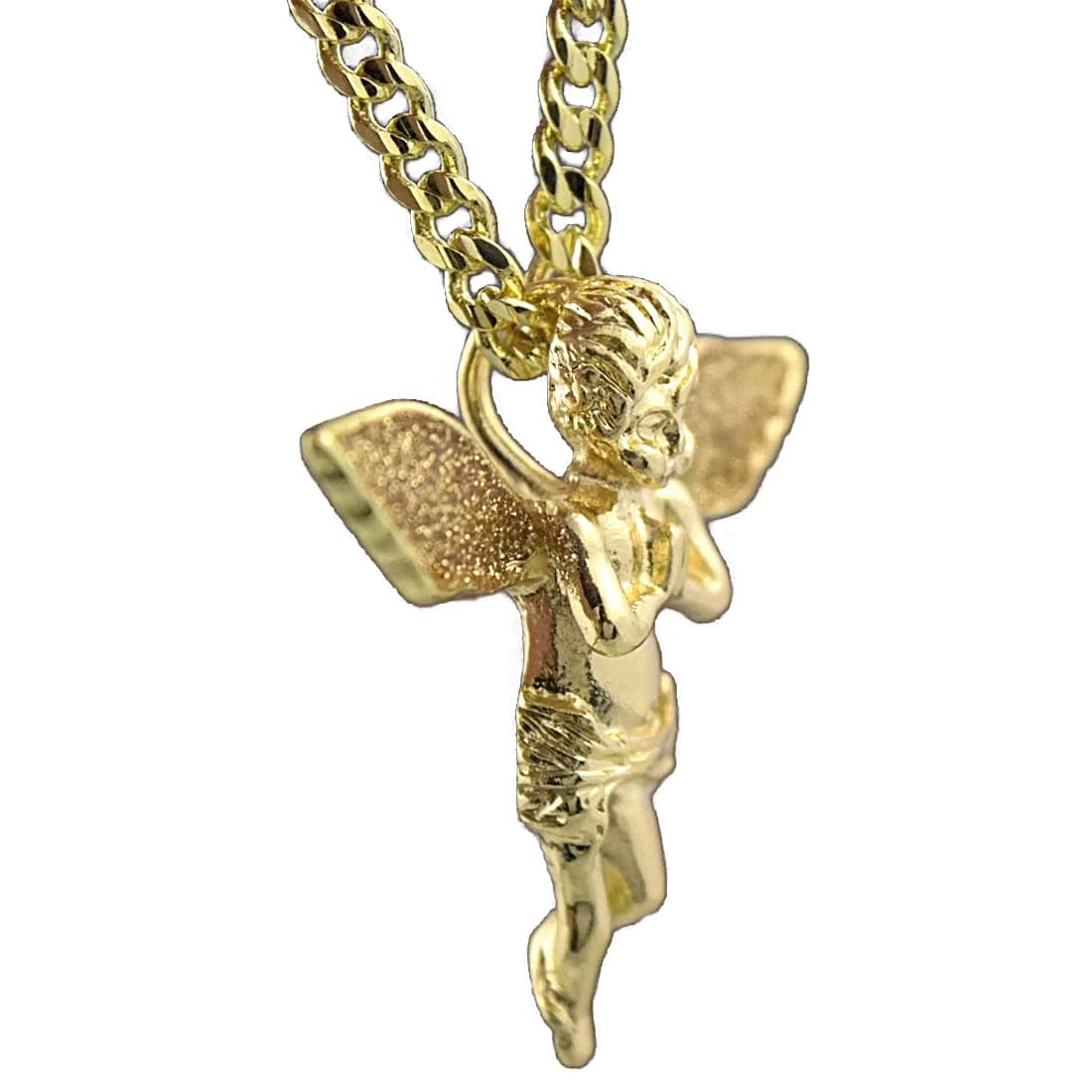 Angel Golden Wings Gold Finish Stardust Pendant Cuban Chain 30"