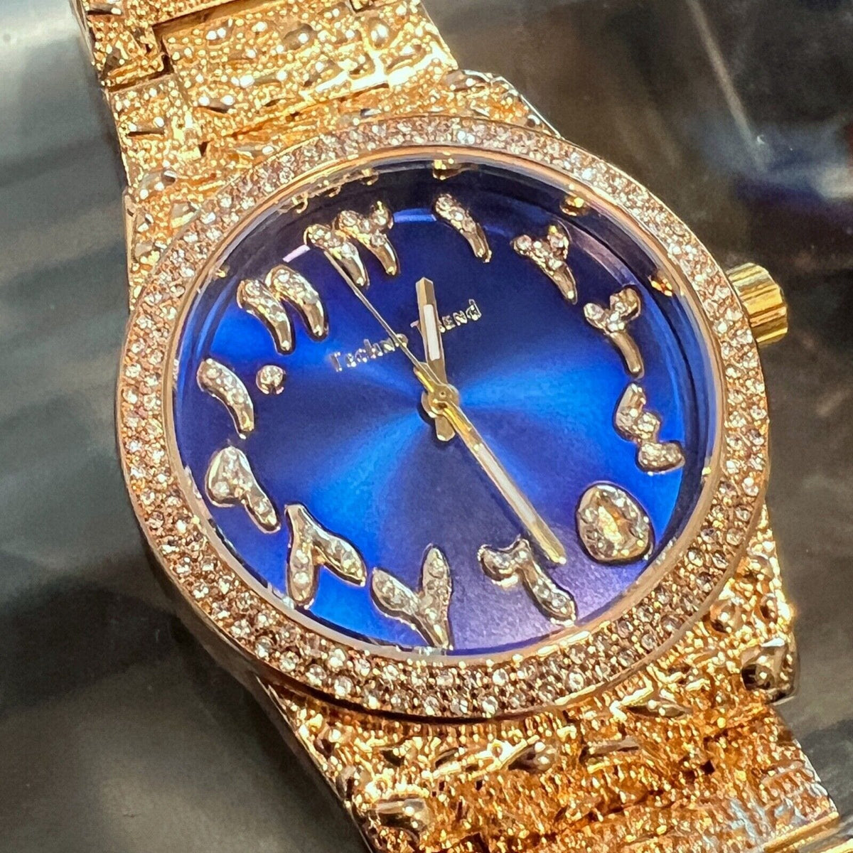 Arabic Numerals Gold Finish Blue Face Dial Iced Nugget Watch
