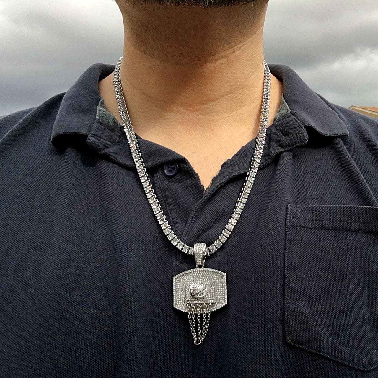 Basketball Hoop Iced Pendant Chain Silver Tone One Row Tennis Necklace