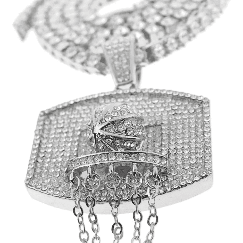 Basketball Hoop Iced Pendant Chain Silver Tone One Row Tennis Necklace