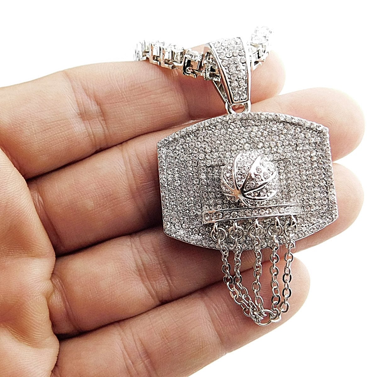 Basketball Hoop Iced Pendant Chain Silver Tone One Row Tennis Necklace