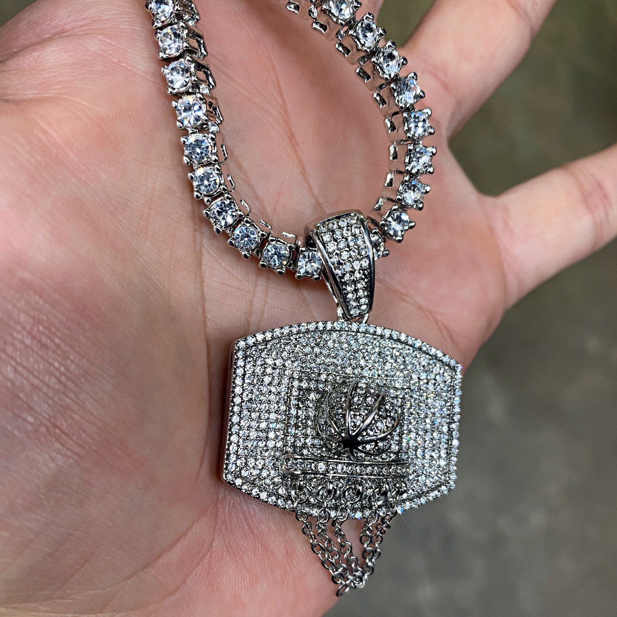 Basketball Hoop Iced Pendant Chain Silver Tone One Row Tennis Necklace