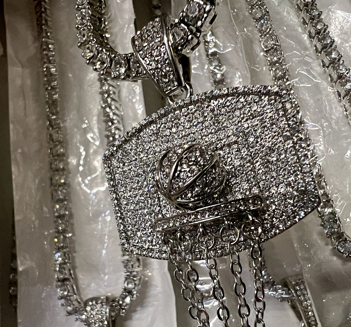 Basketball Hoop Iced Pendant Chain Silver Tone One Row Tennis Necklace